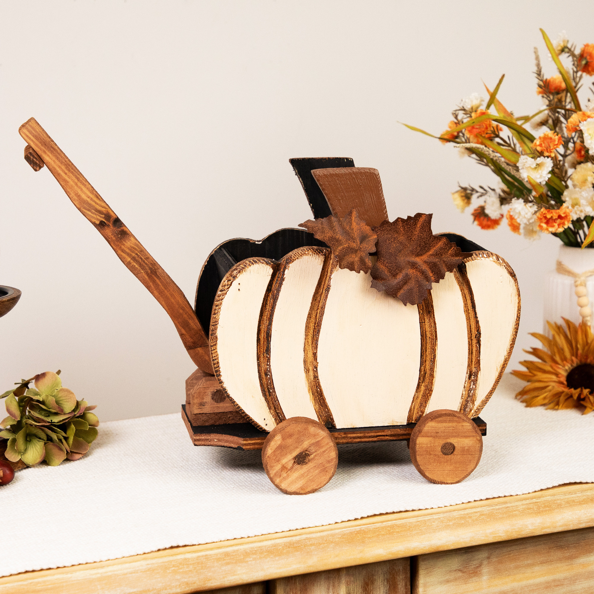 Fall Harvest Wooden Pumpkin Cart Decoration - 10.5" | Christmas Central