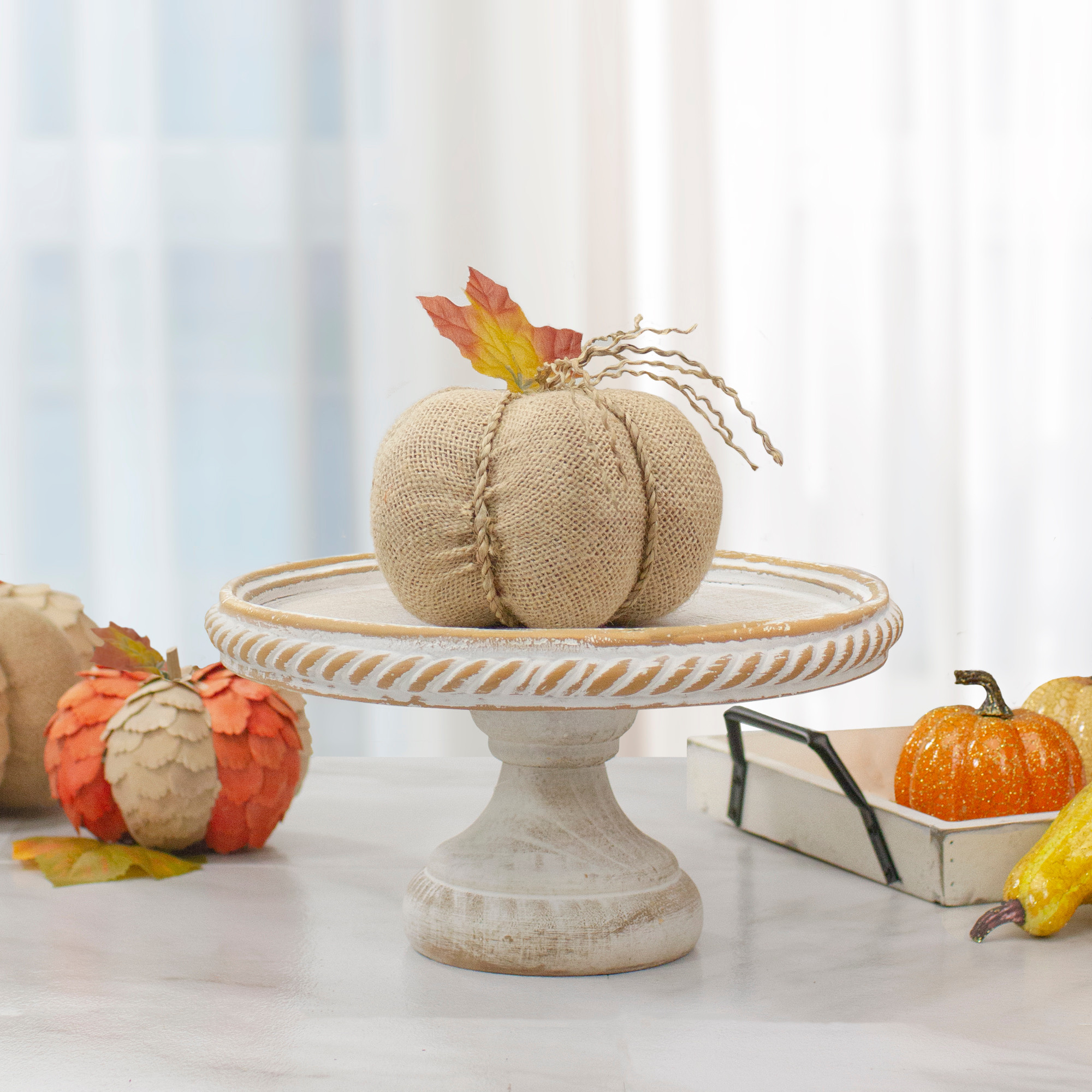 5.5" Beige Burlap Autumn Harvest Table Top Pumpkin | Christmas Central