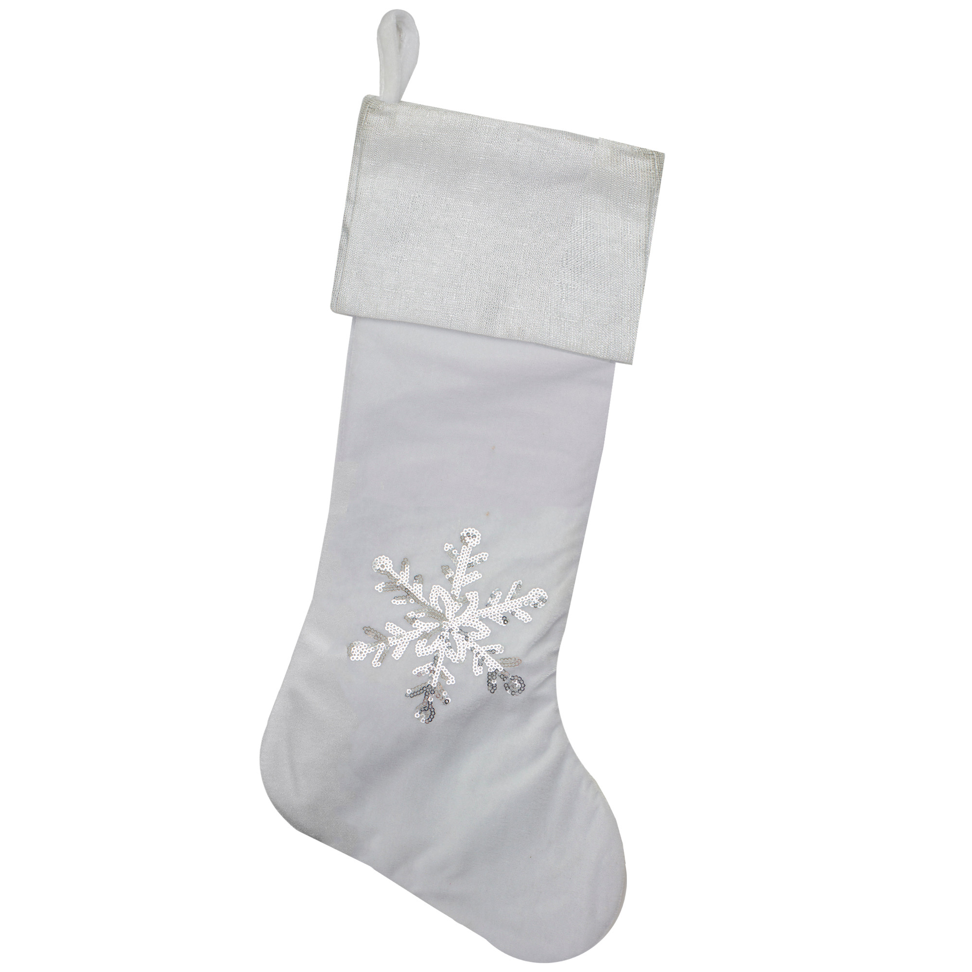 20" White Christmas Stocking with Silver Sequin Snowflake | Christmas ...