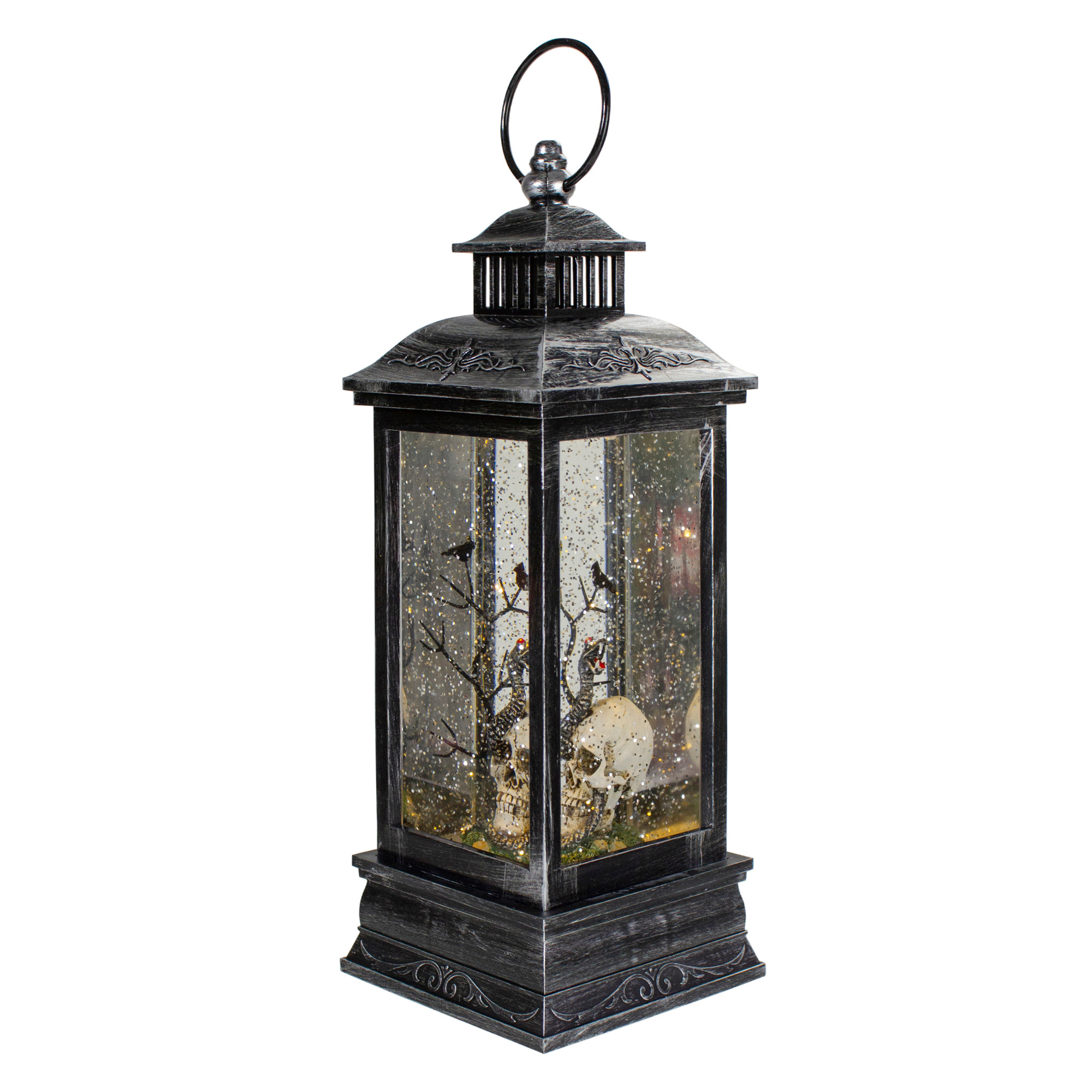 LED Skull Head Brushed Snow Globe Halloween Lantern - 11" - Black ...