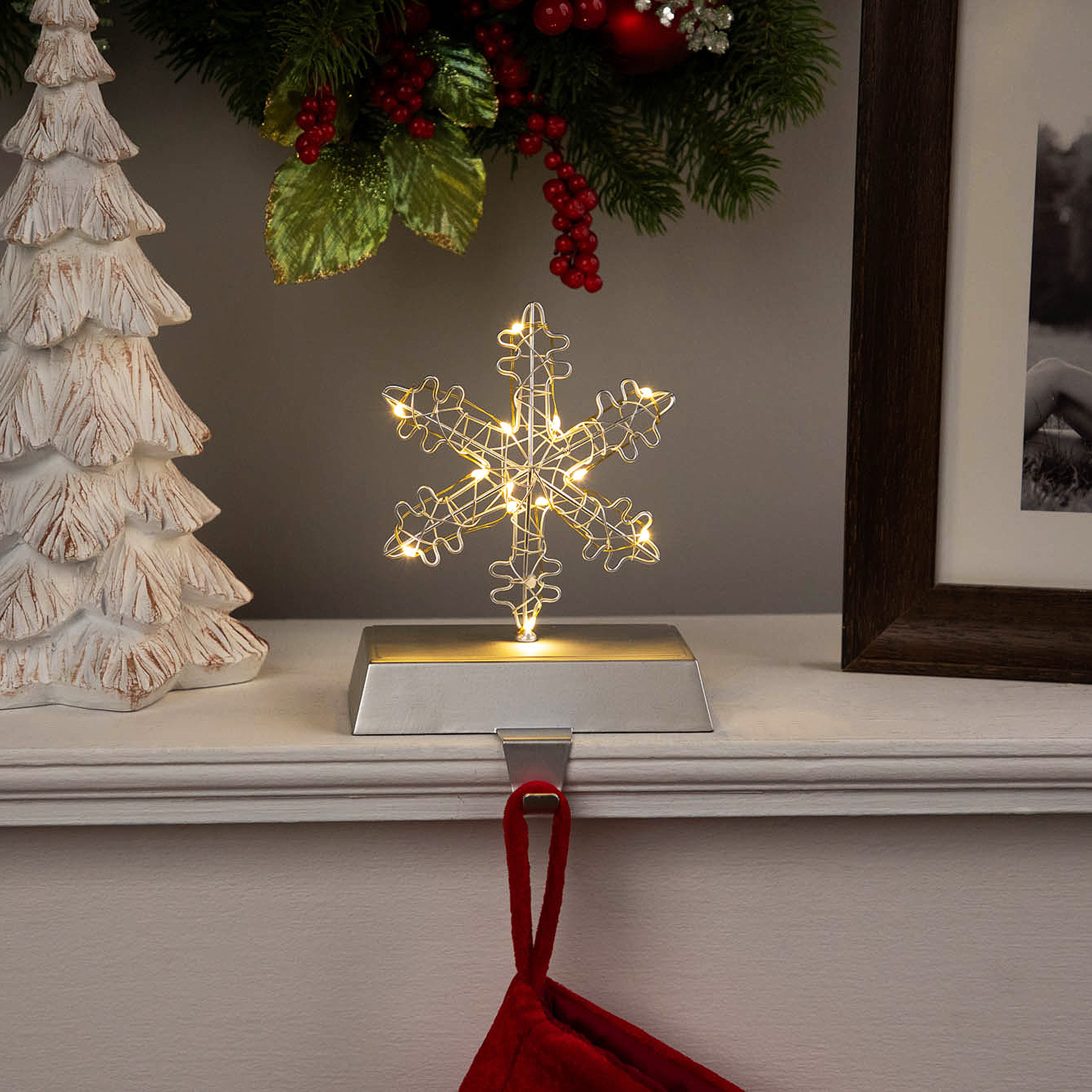 7.5" LED Lighted Silver Wired Snowflake Christmas Stocking Holder ...