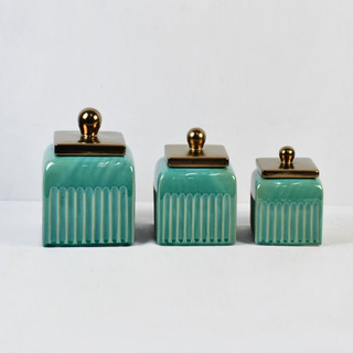 Set of 3 Turquoise Blue Unique Ribbed Square Sealed Storage Canisters ...