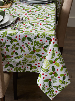 Green & White Boughs of Holly Print Round Christmas Tablecloth 70 ...
