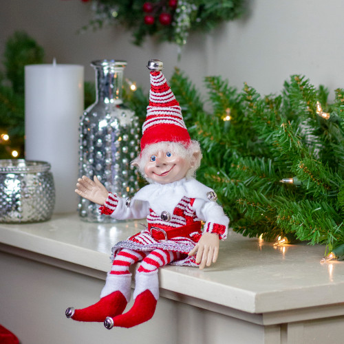 13" Red & White Peppermint Striped Elf with Jingle Bells | Christmas ...