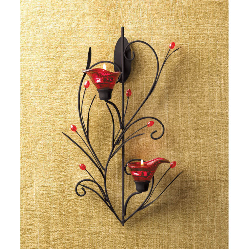 Ruby Blossom Candle Wall Sconce - 14.75" - Red & Brown | Christmas Central