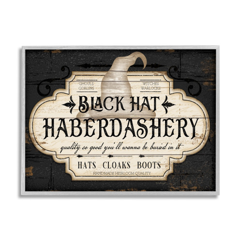 Halloween Spooky Sign "Black Hat Haberdashery" Gray Framed Texturized ...