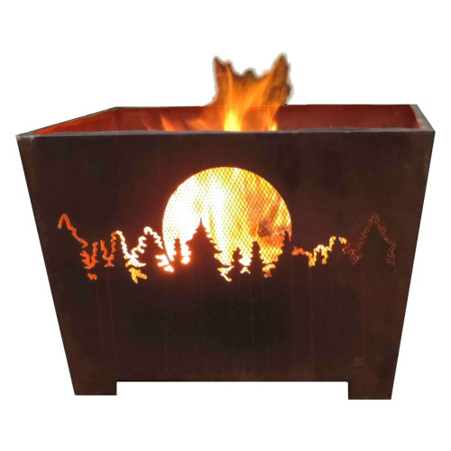 24" Brown Rustic Finish Forest & Moon Square Outdoor Fire Basket ...