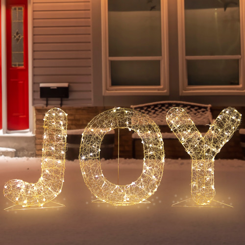 16" LED Twinkle Lighted Gold Metal Wire Joy Sign Outdoor Christmas ...