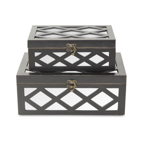 Set of 2 Black Lattice Storage Boxes with Front & Top Mirror 12 ...