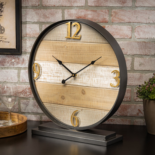 18.75" Brown & Gold Wooden Round Table Clock | Christmas Central