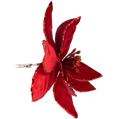 Glittered Poinsettia Christmas Floral Pick Clip-On Ornament - 10" - Red ...