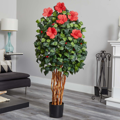 5' Red Artificial Hibiscus Tree in Black Pot | Christmas Central