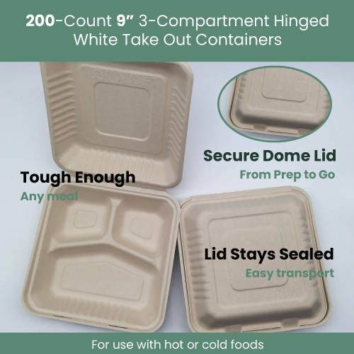 200-Count 3-Compartment Hinged Natural Take Out Containers - 9 ...
