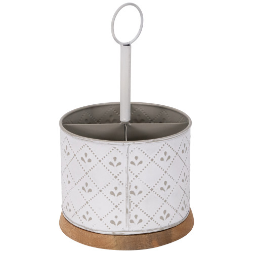 7" White Round Embossed Utensil Caddy with Wooden Base | Christmas Central