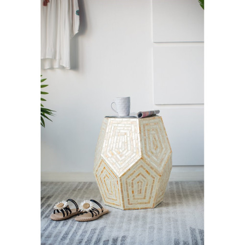 Hexagonal Capiz Shell Inlay Accent Stool - 21" - Cream & Beige ...