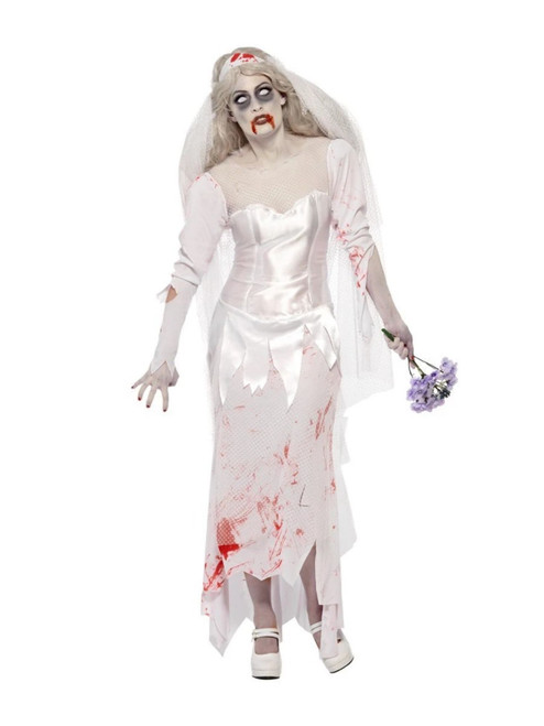 49" White & Red Zombie Bride Women Adult Halloween Costume - Medium ...