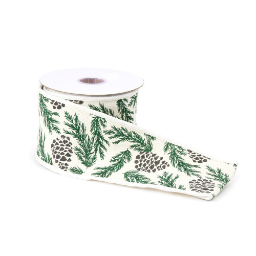 Pine & Pinecone Wired Christmas Craft Ribbon - 4" x 5 Yards - White ...