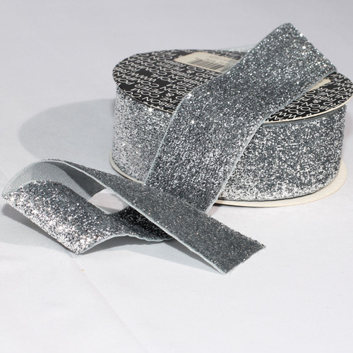 Silver Glitter Woven Edge Velvet Craft Ribbon 1.5" x 11 Yards ...