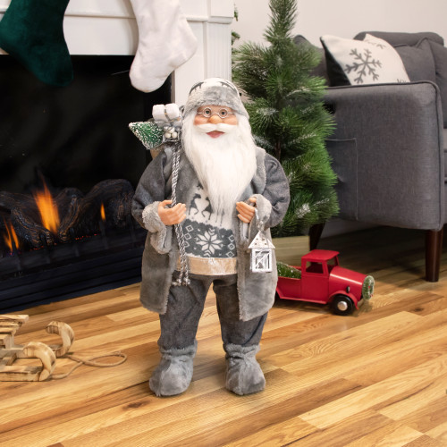 24" Gray & White Santa Claus with Lantern Christmas Figure | Christmas ...