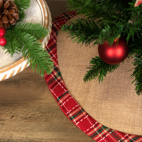 Burlap Mini Christmas Tree Skirt with Red Plaid Border - 20 ...
