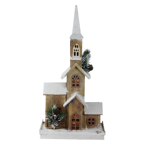 21.25" Brown LED Lighted Country Rustic Wooden Church Tabletop ...