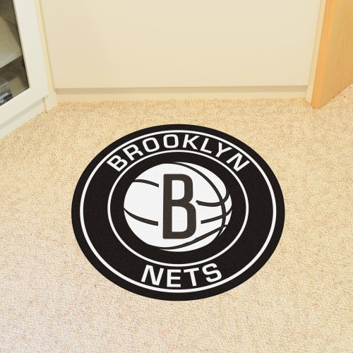 27" Black & White NBA Brooklyn Nets Rounded Door Mat | Christmas Central