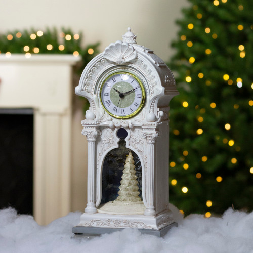 14" White Christmas Ceramic Musical LED Clock with Rotating Tree ...