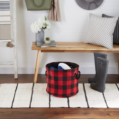 15" Red & Black Checkered Round Medium Bin | Christmas Central