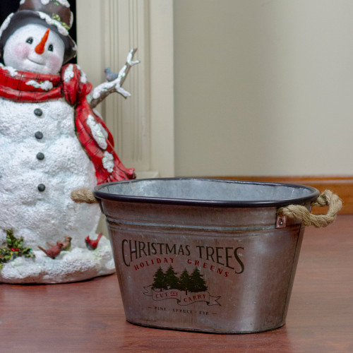 11" Silver Oval Christmas Tree Bucket With Jute Rope | Christmas Central