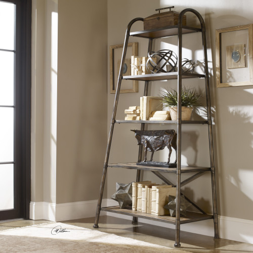 Five Tier Wooden Display Storage Shelves - 83" - Walnut Brown & Gray ...