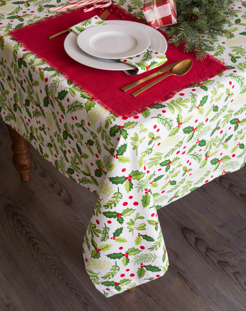 Holly & Berries Round Christmas Tablecloth - 70" - White & Green ...