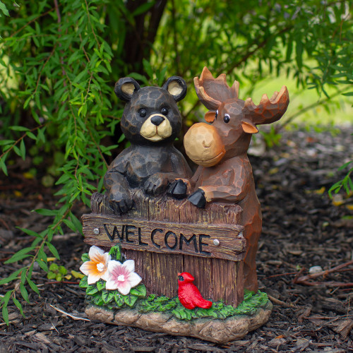 9.75" Black Bear & Moose "Welcome" Outdoor Garden Statue | Christmas ...
