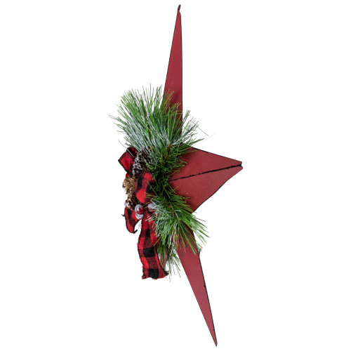17" Red distressed 5 point Christmas Star With Plaid Ribbon with ...