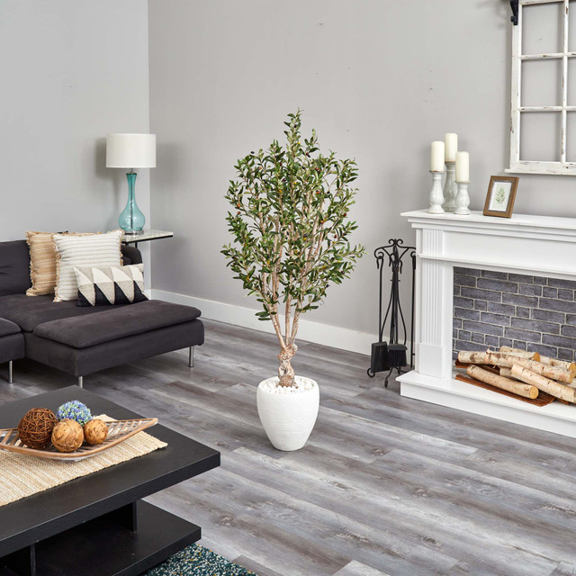 5' Artificial Olive Tree in White Oval Planter | Christmas Central