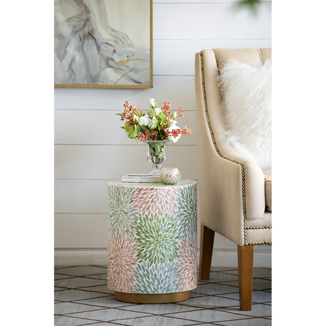 Round Capiz Shell Accent Stool - 17.75" - Green & Pink | Christmas Central