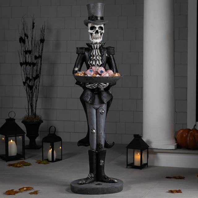Skeleton Butler with Tray Standing Halloween Statue - 4.5' | Christmas ...
