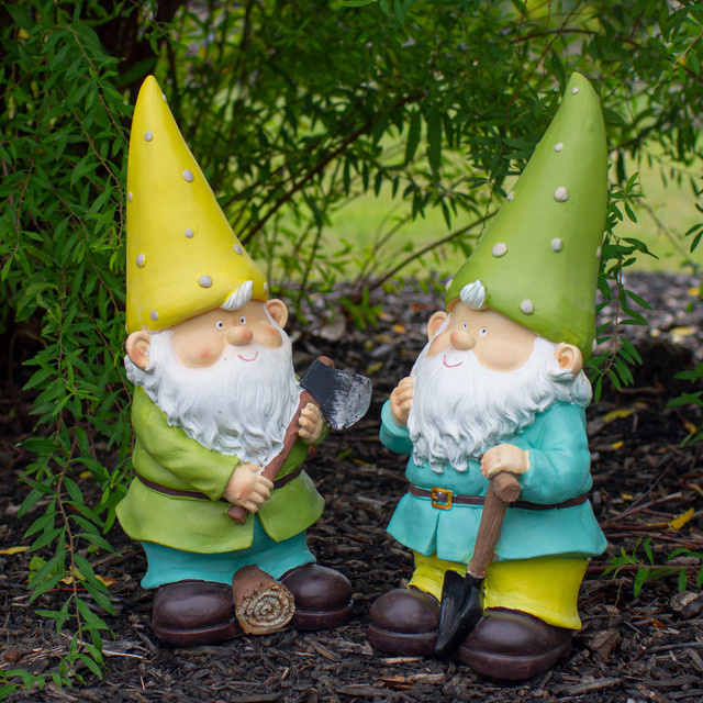 Set of 2 Green & Yellow Gnome Outdoor Garden Statues 12.25" | Christmas ...
