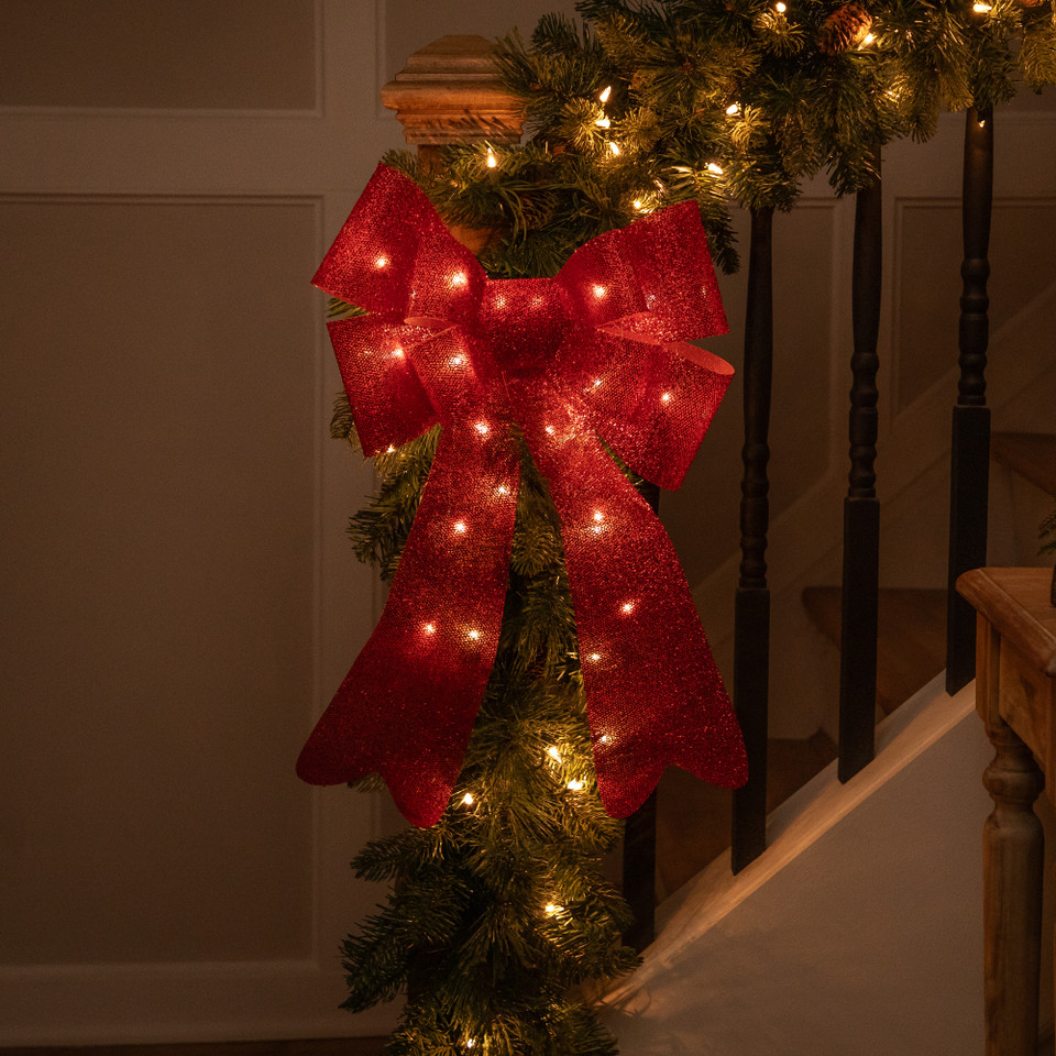 24" LED Lighted Red Tinsel Bow Christmas Decoration | Christmas Central