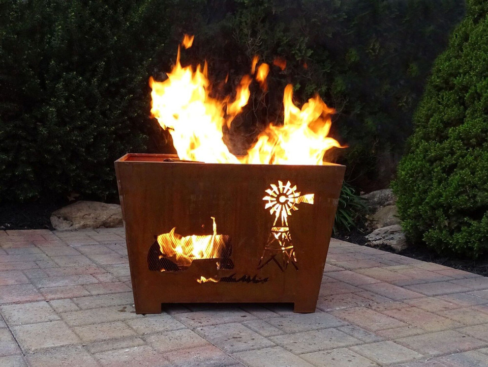 24" Brown Rustic Finish Farm Square Outdoor Fire Basket | Christmas Central