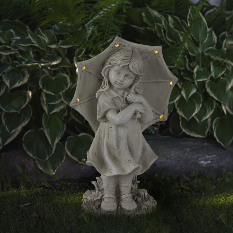 18" Solar LED Lighted Girl with Umbrella Outdoor Garden Statue ...