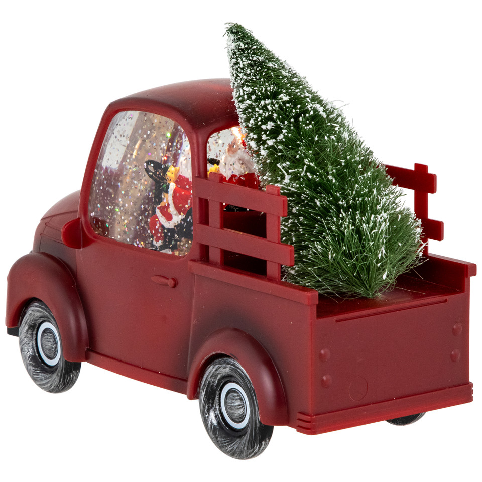 9" LED Lighted Santa in Red Retro Truck with Christmas Tree Snow Globe ...