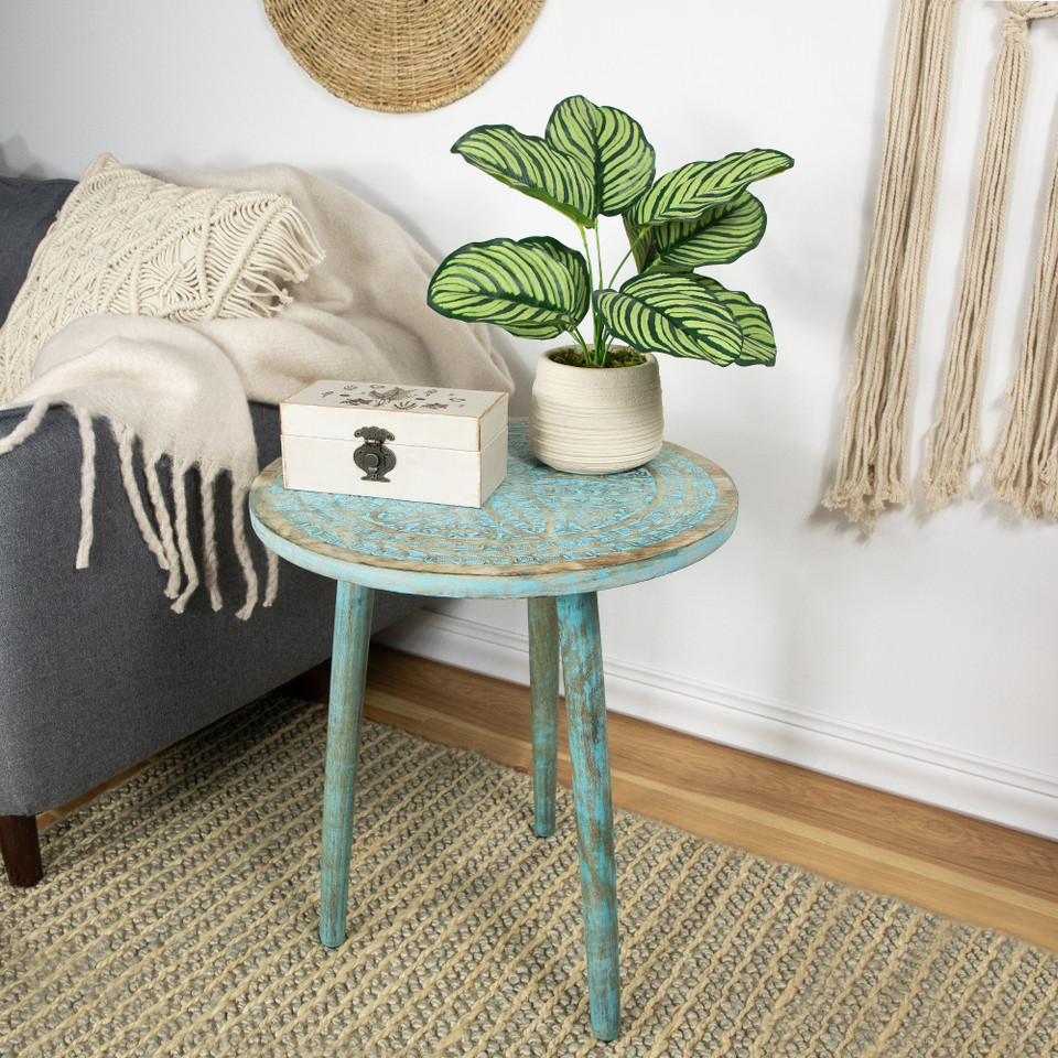 22" Antique Blue Engraved Wooden Tri Leg Round Side Table | Christmas ...