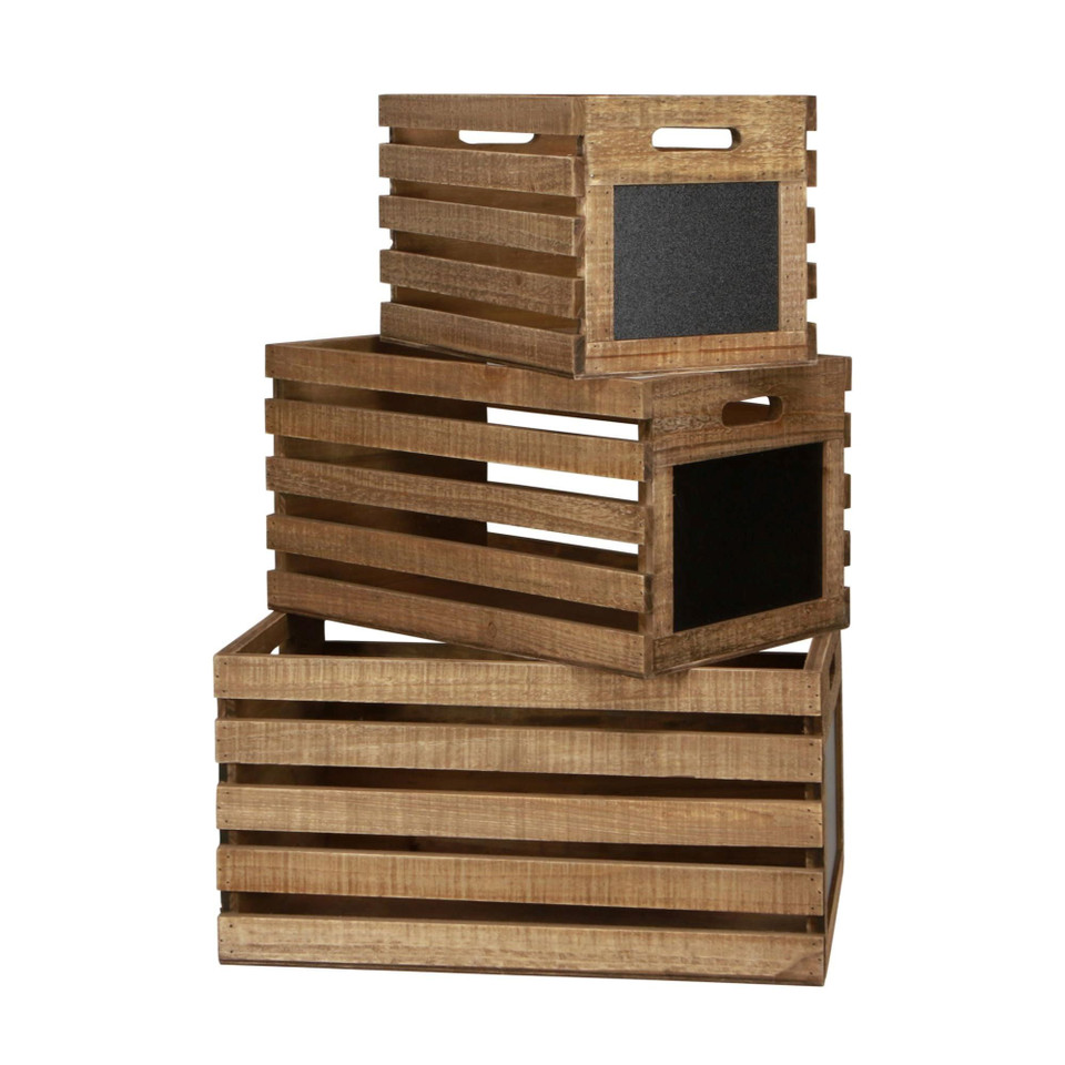 Set of 3 Natural Brown Contemporary Handcrafted Slat Crate 19.5 ...