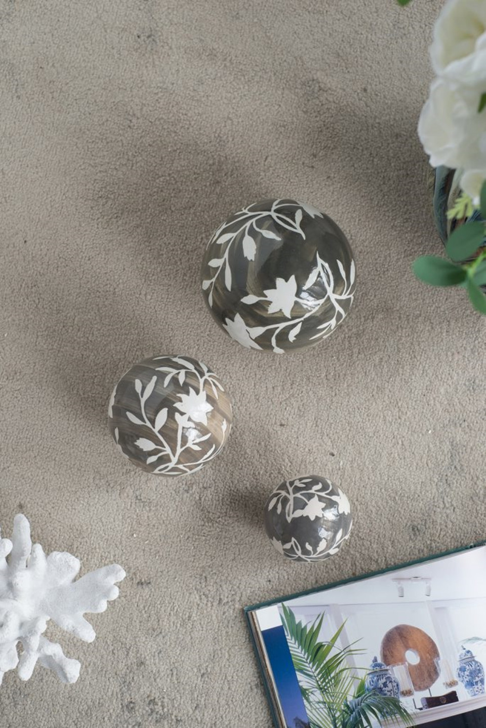 Floral & Leaf Orb Decorations - 5" - Brown & White - Set of 3 ...