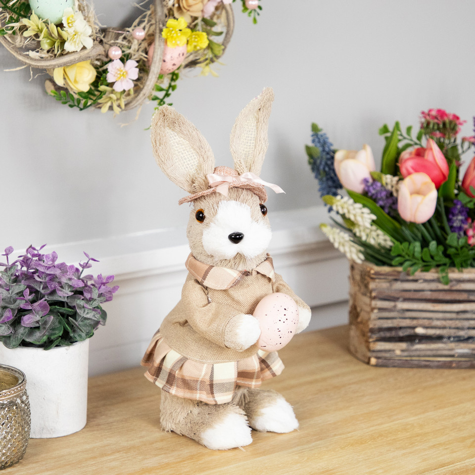 Girl Easter Rabbit Figurine with Plaid Dress - 12" - Beige | Christmas ...