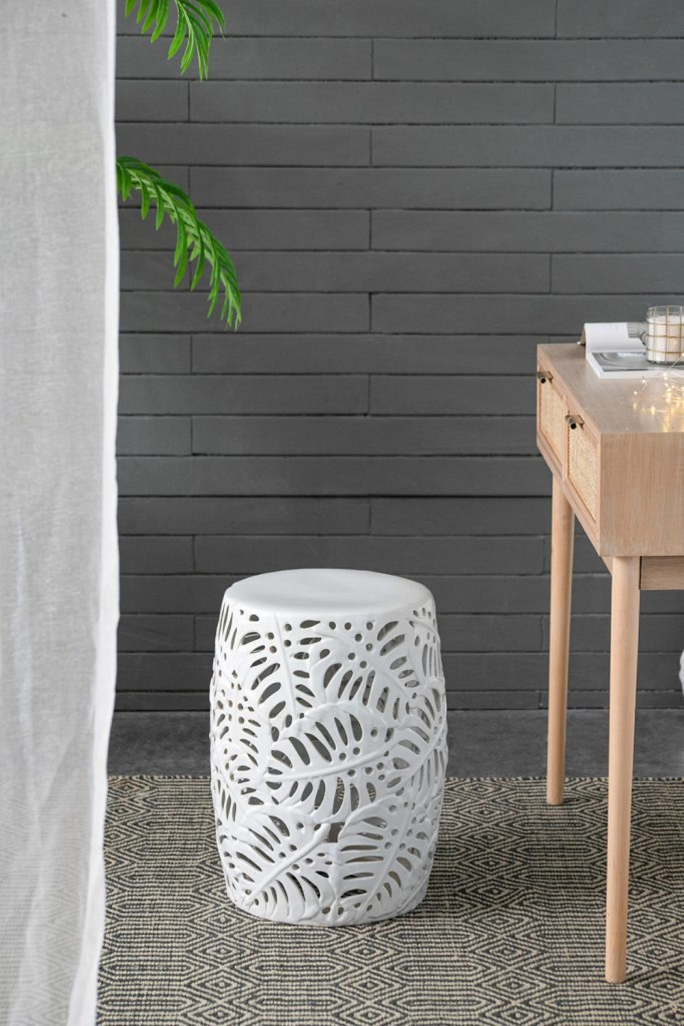 Round Ceramic Garden Stool with Cutout Leaf Pattern - 19" - White ...