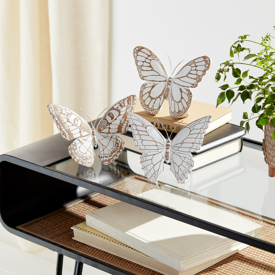 Butterfly Tabletop Figurines - 7.25" - White & Brown - Set of 3 ...