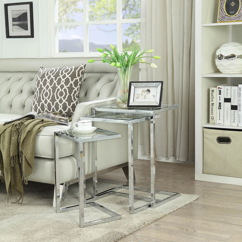 Set of 3 Silver Nesting Tables with Rectangular Glass Top 23.5 ...