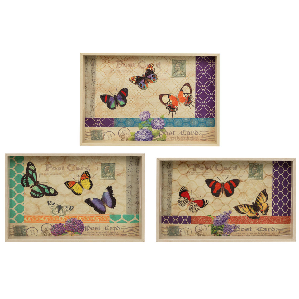Set of 3 Ivory & Purple Butterflies Rectangular Serving Trays 19 ...