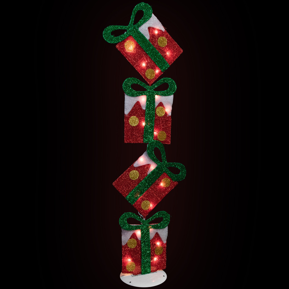 44" Lighted Red Tinsel Stacked Gift Boxes Outdoor Christmas Decoration ...